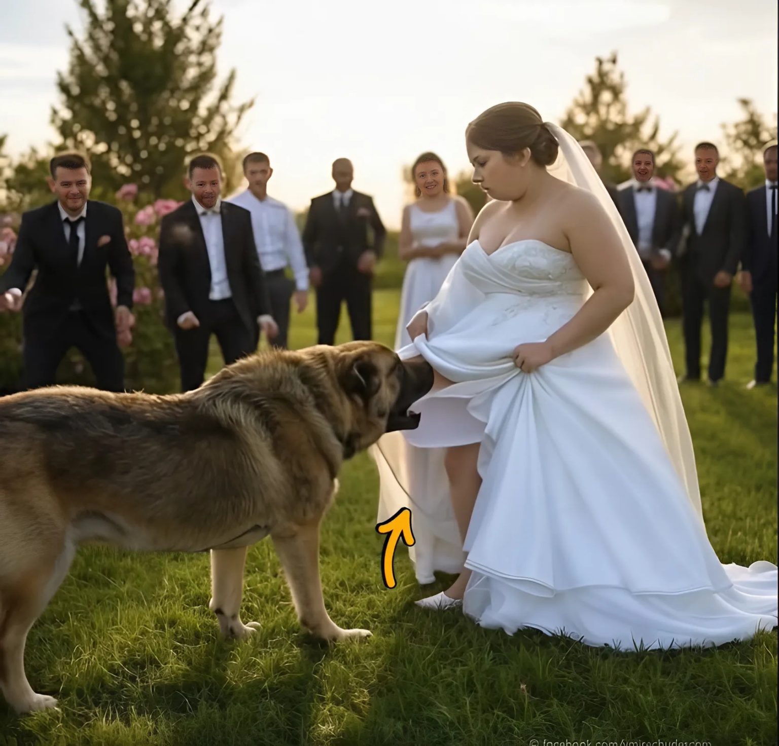 Nikdo na svatbě nevěděl, co skrývá pod svatebními šaty, ale pes včas ...